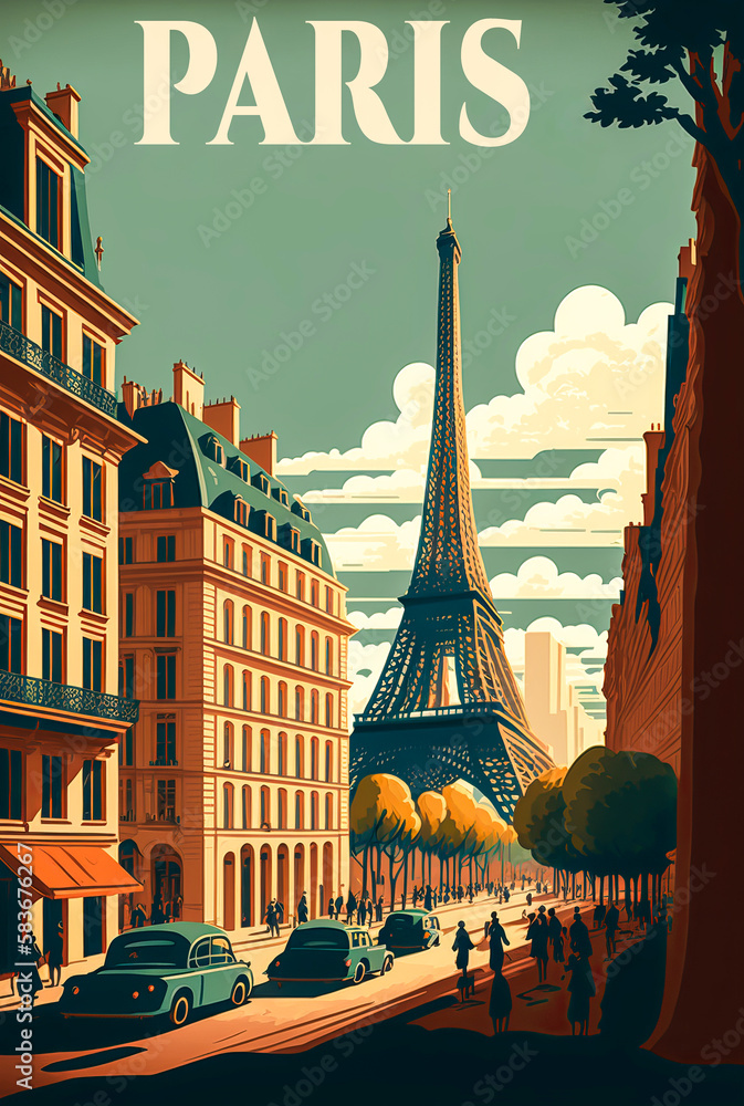 Old vintage poster of Paris, with its characteristic architecture and ...