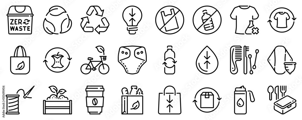 Line icons about zero waste on transparent background with editable ...