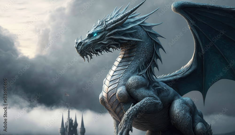 dragon with blue glowing eyes, big wings, spikes on back, armored ...