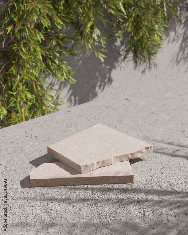 Broken slabs of beige marble stacked on a concrete floor. blur the ...