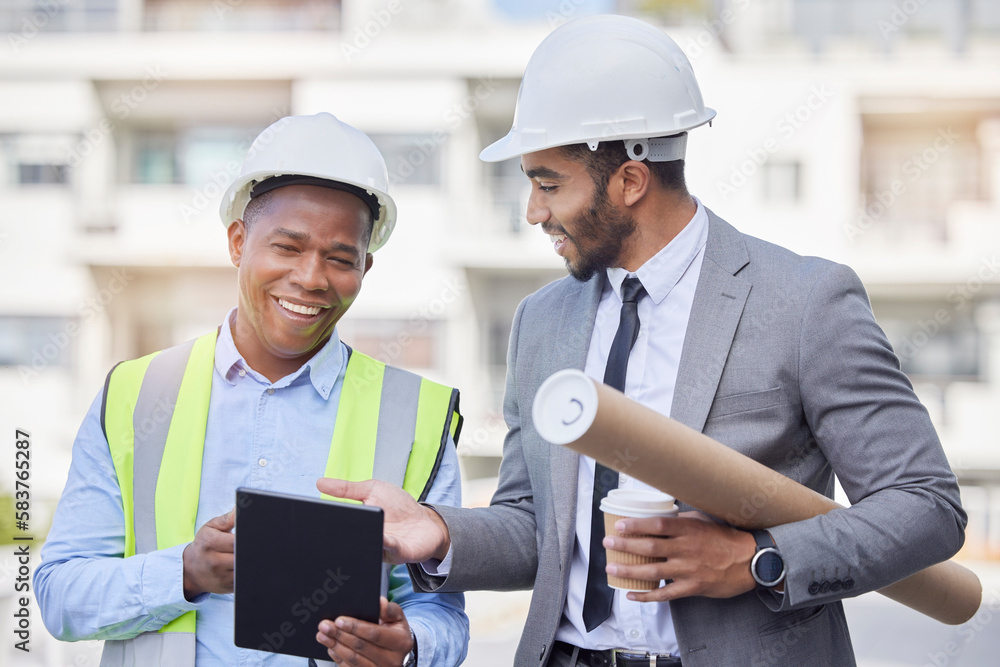 Engineering, teamwork and men with tablet at construction site for ...