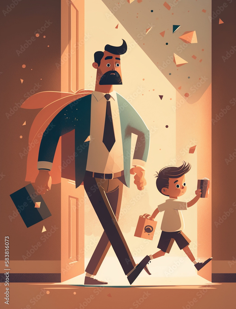 Flat cartoon dad businessman in a suit and son schoolboy illustration ...
