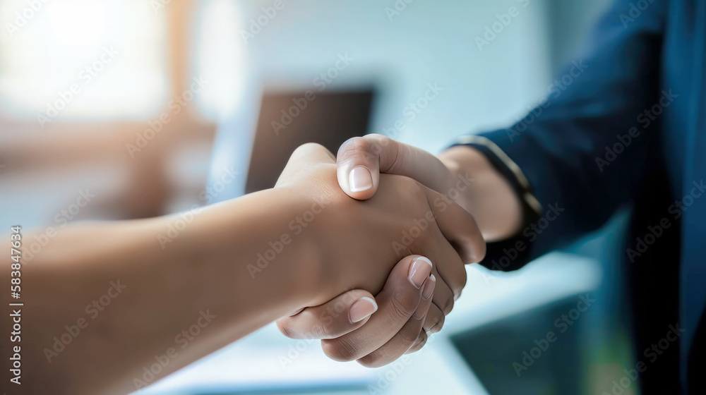 Business handshake between two women. Close up. Inside a modern bright ...