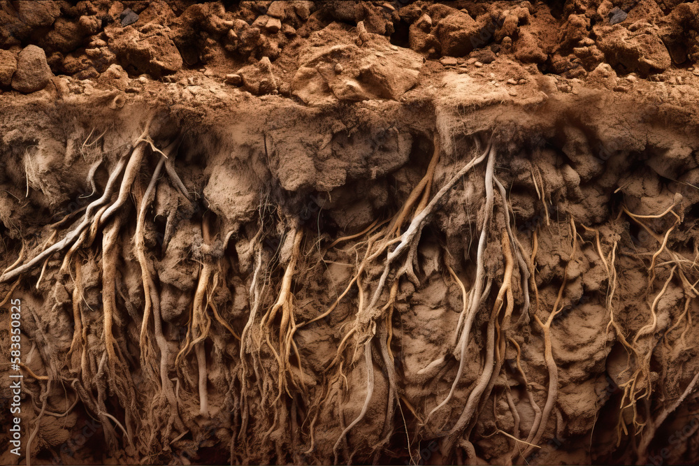 Plants roots underground, soil cross section texture. Generative AI ...