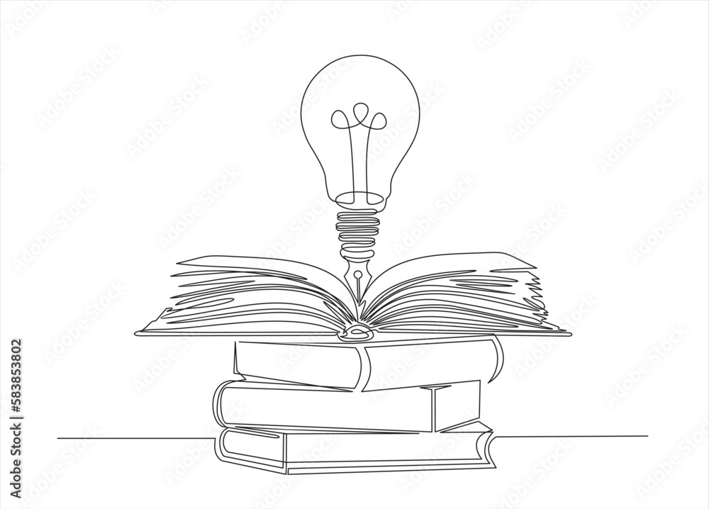 Vetor Single one line drawing of Light bulb on a stack of books ...