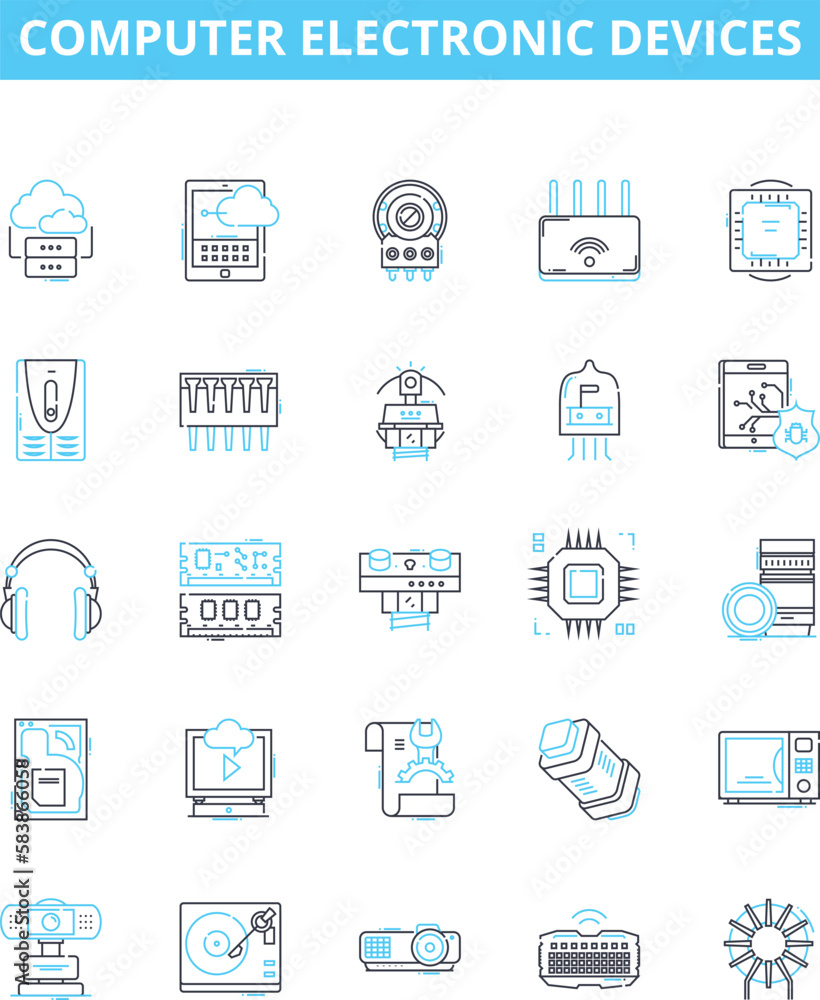 Computer electronic devices vector line icons set. Laptop, Desktop ...