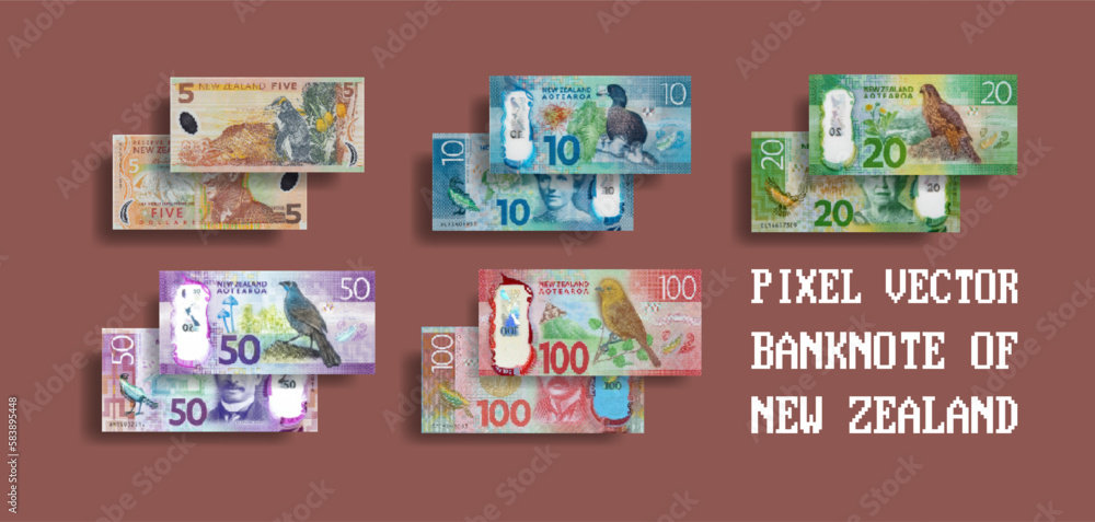 Vector set of mosaic pixelated New Zealand banknotes. Bills in ...