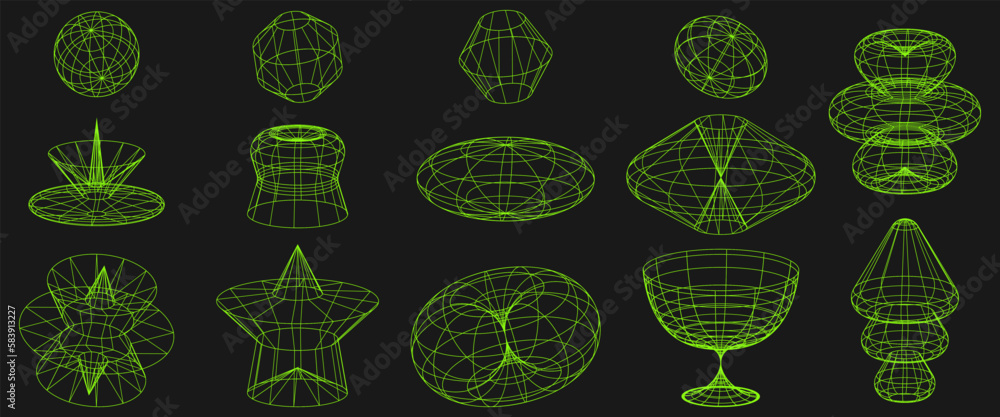 Geometry wireframe shapes and grids in neon green color. 3D abstract shapes. 00s Y2k retro ...