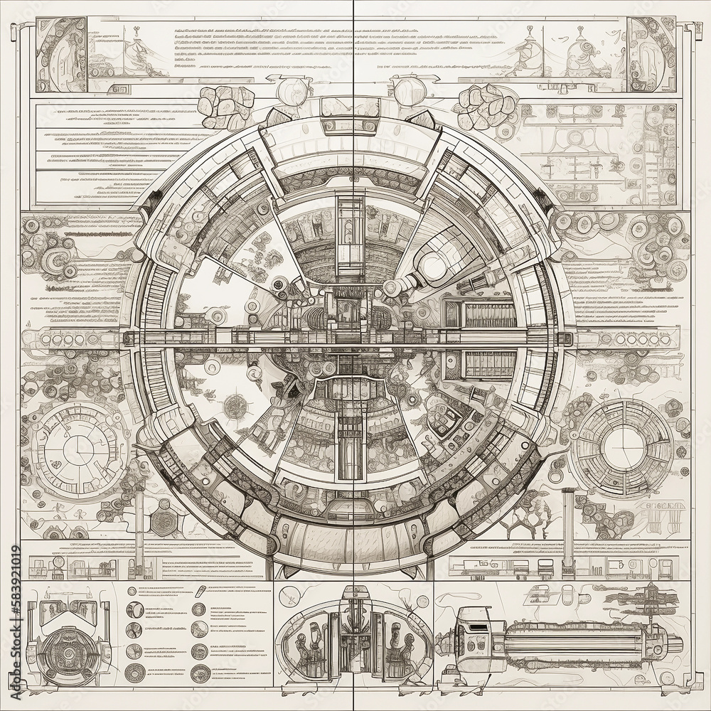 Retro blueprint of mechanism, technical drawing on old paper, abstract ...