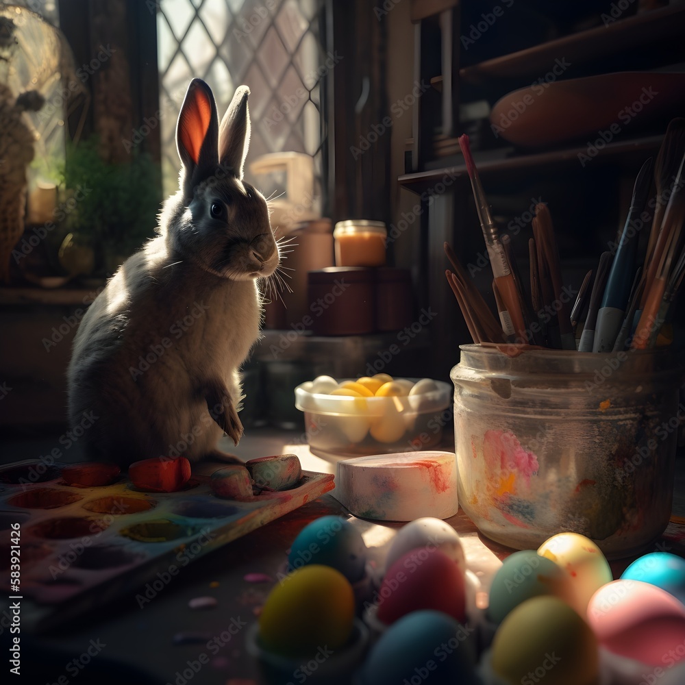 Stock-Illustration „Ein kleiner Osterhase sitzt in seiner ...