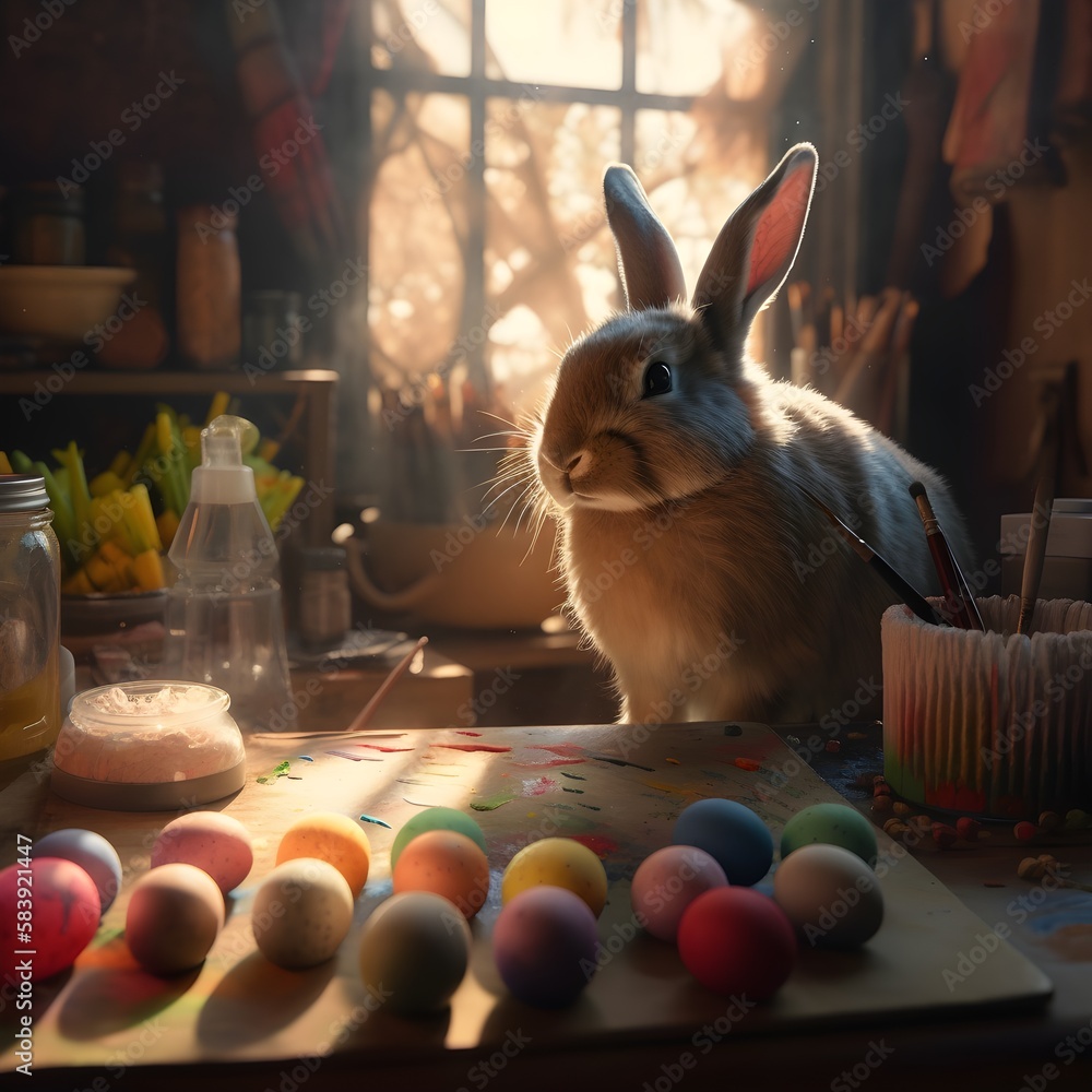 Ein kleiner Osterhase sitzt in seiner Malerwerkstatt und bemalt Eier in ...