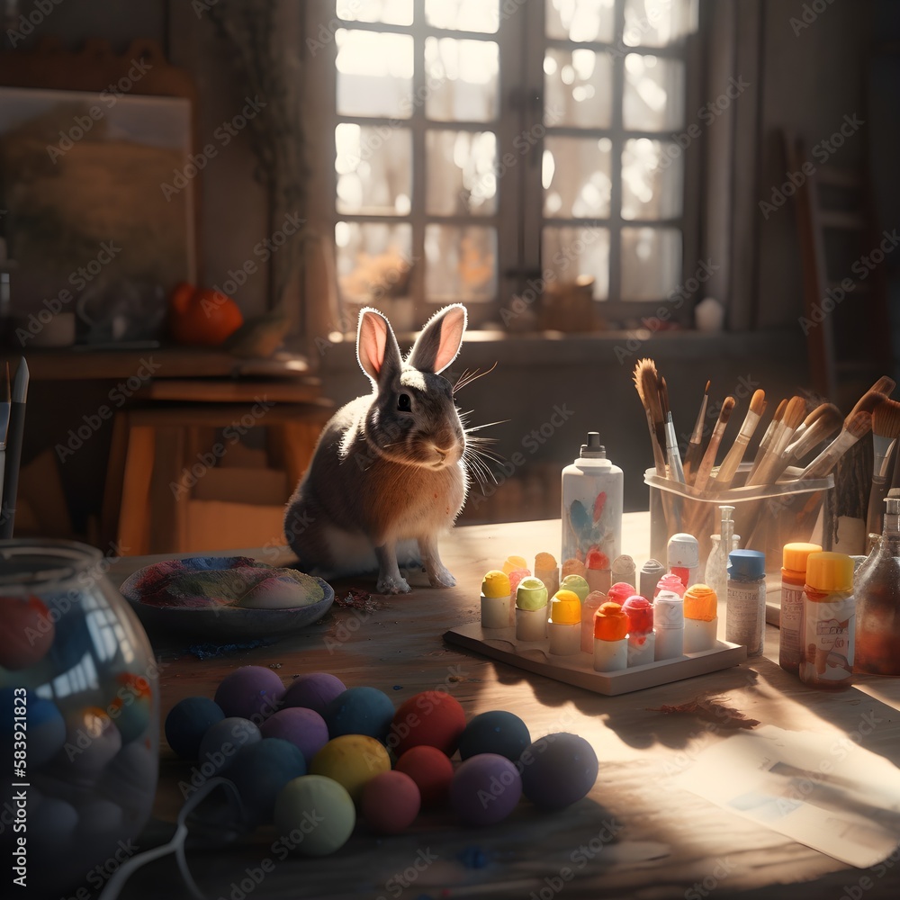 Ein kleiner Osterhase sitzt in seiner Malerwerkstatt und bemalt Eier in ...