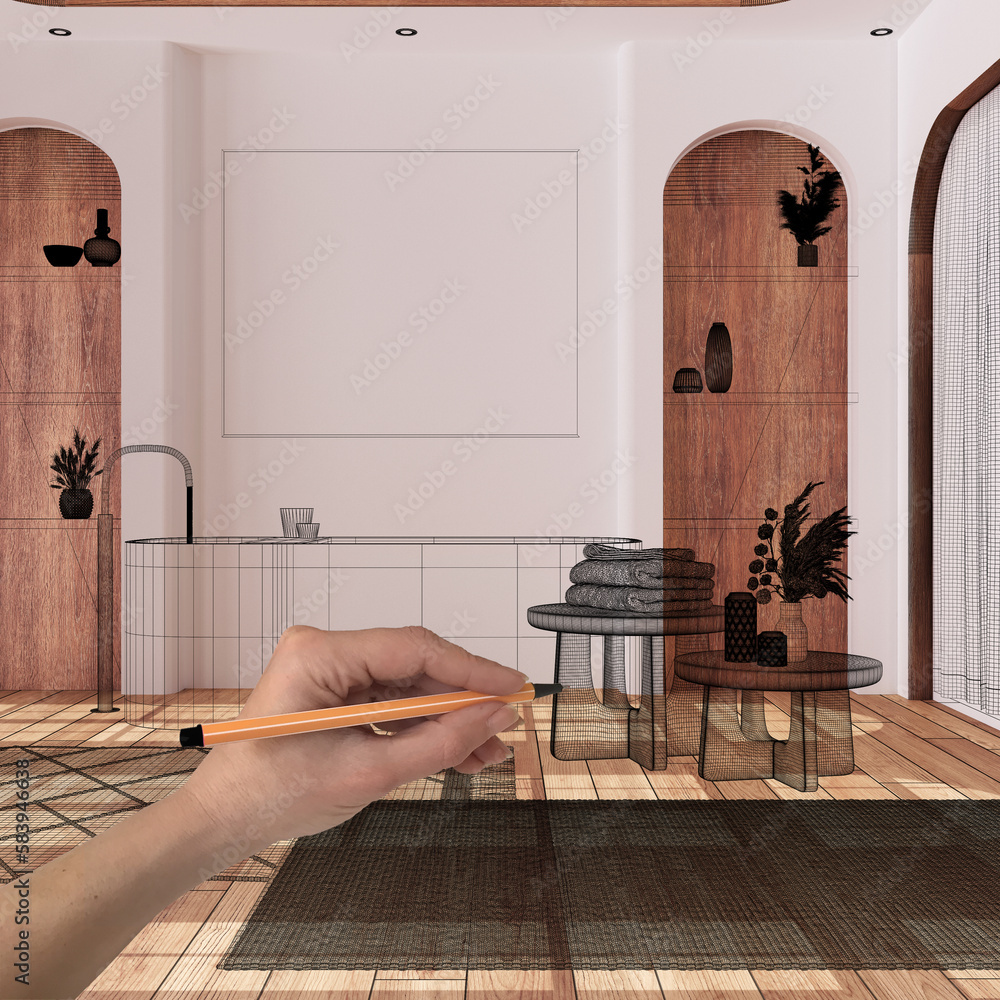 Fotografie Empty white interior with parquet and white walls, hand ...