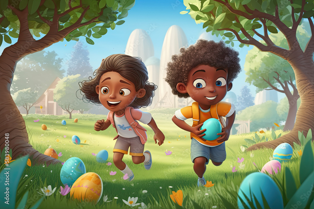 Vector Cartoon of Kids on Easter Egg Hunt - Generative AI Vector ...
