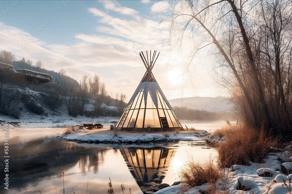 Luxury glass tipi and tent by a frozen river at sunrise. Generative Ai ...