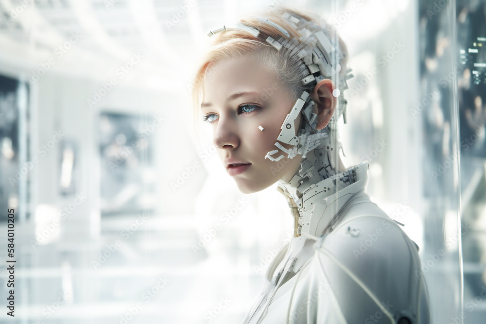 Illustration of a beautiful female white android head. Robotic and ...