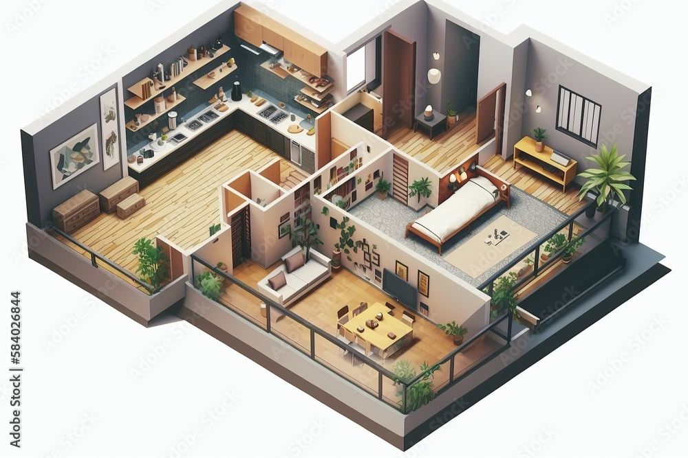 3D Isometric interior home plan room cute set design isolate on white ...