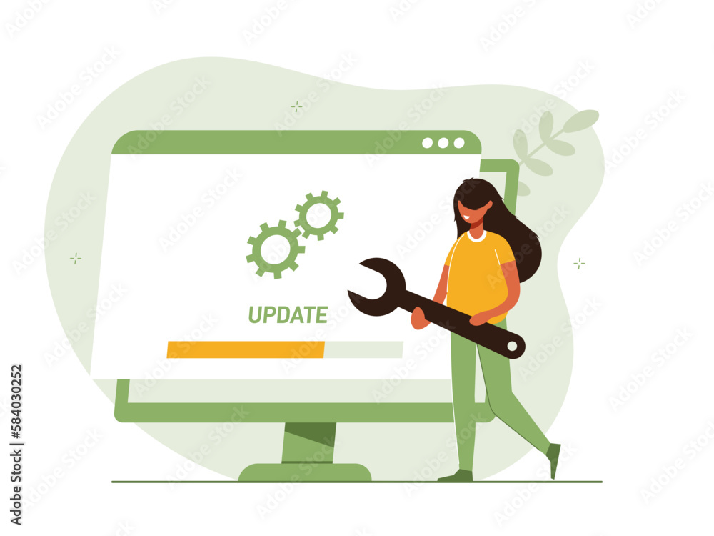 Vetor System or web application upgrade procedure. Concept of software version update or renewal ...