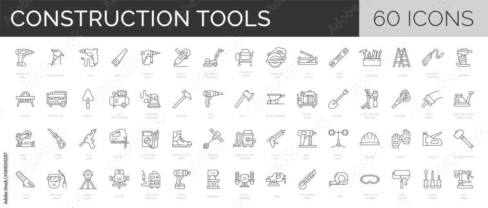 Set of 60 construction tools, instruments, equipment. Outline ...
