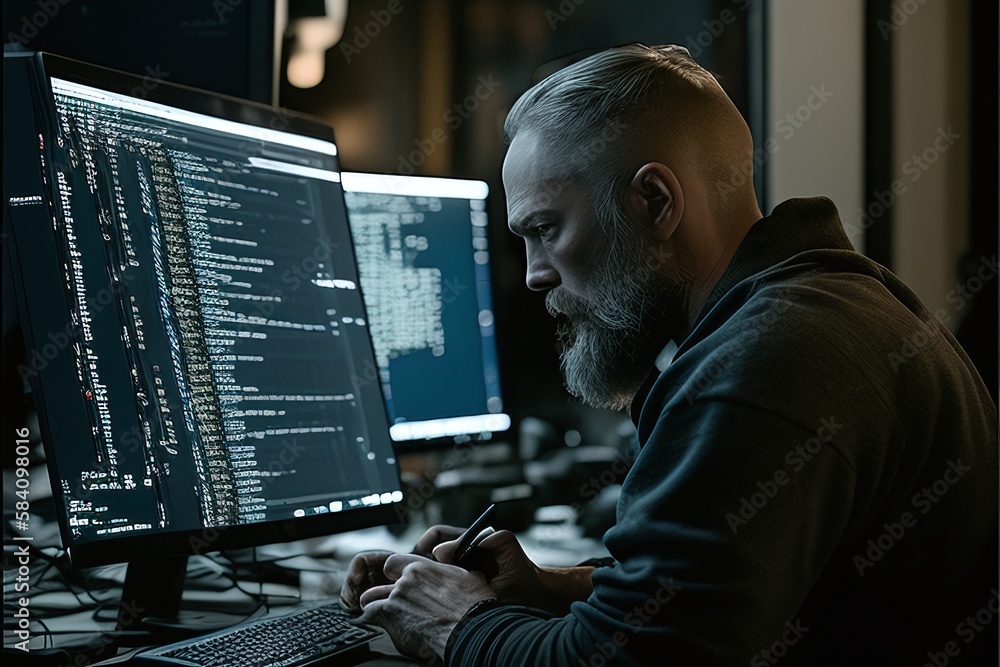 Ilustración de Stock Fictional Hacker in Front of the Screen in a Room ...