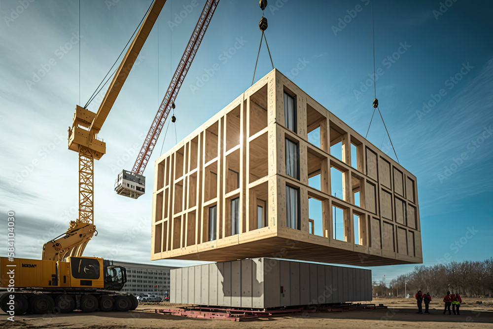 A wooden building module is raised by a crane and placed into the ...