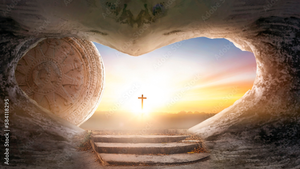 Easter and Good Friday concept, heart shaped empty tomb with cross on mountain sunrise ...