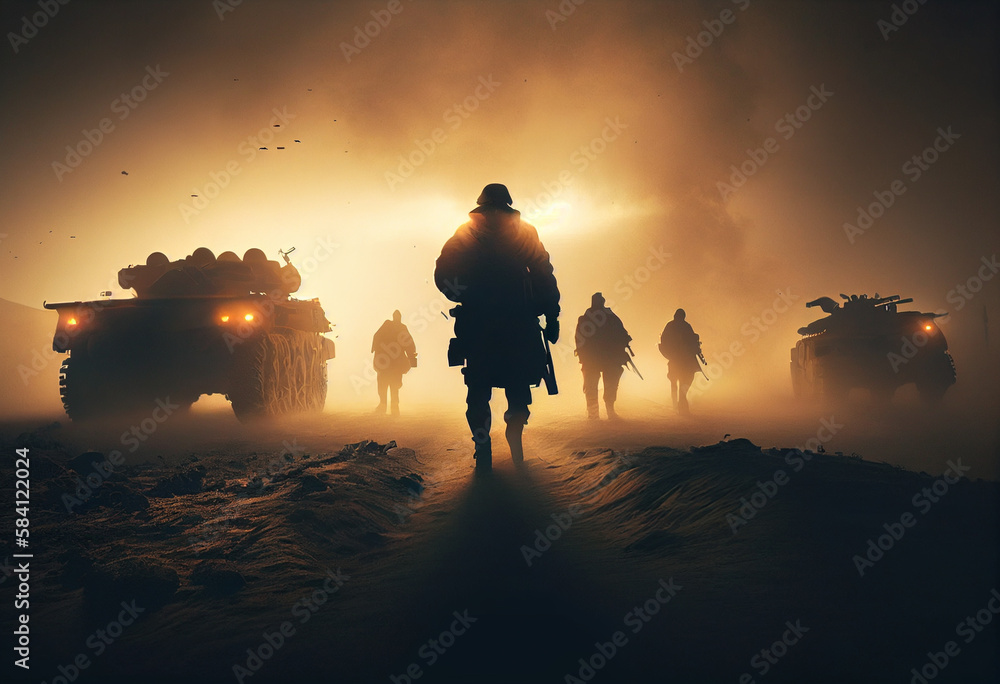 War Concept. Military silhouettes fighting scene on war fog sky ...