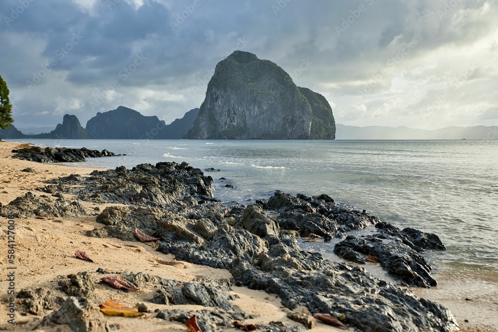 A beach with rough rock of El Nideo, Palawan in the Philippines, a ...