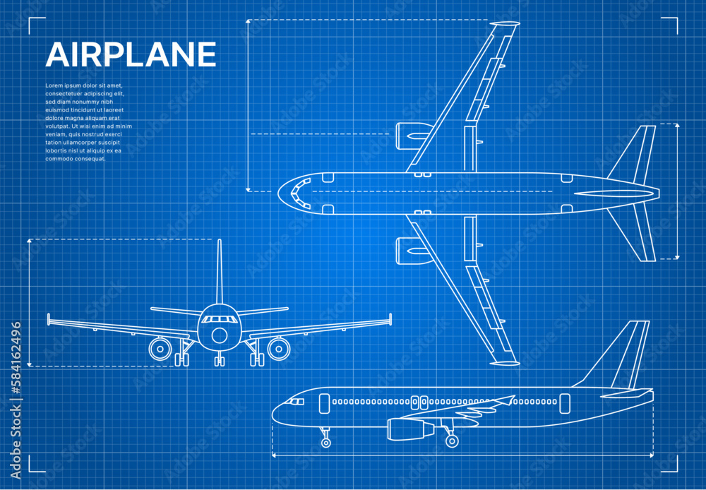Outline plane aircraft blueprint or airplane design drawing, vector ...