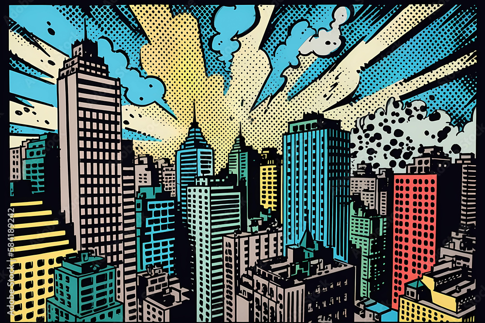 downtown city skyline comic book art style. digital art illustration ...