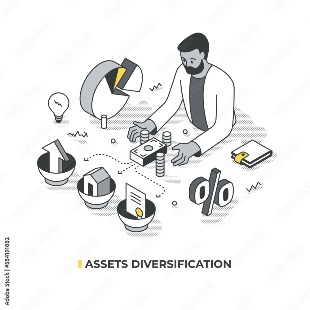 Isometric illustration on assets diversification. Man deciding how to ...