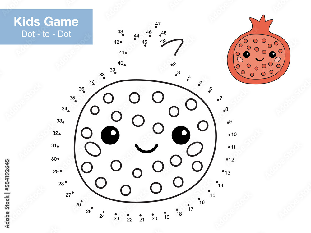 Number puzzle game. Dot to dot. Cute kawaii pomegranate. Healthy food ...