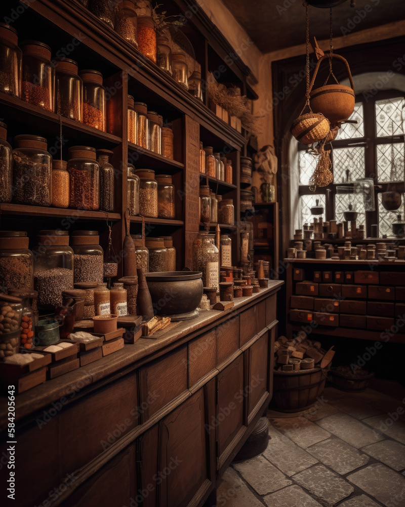 Medieval apothecary shop interior photograph in RPG setting ...