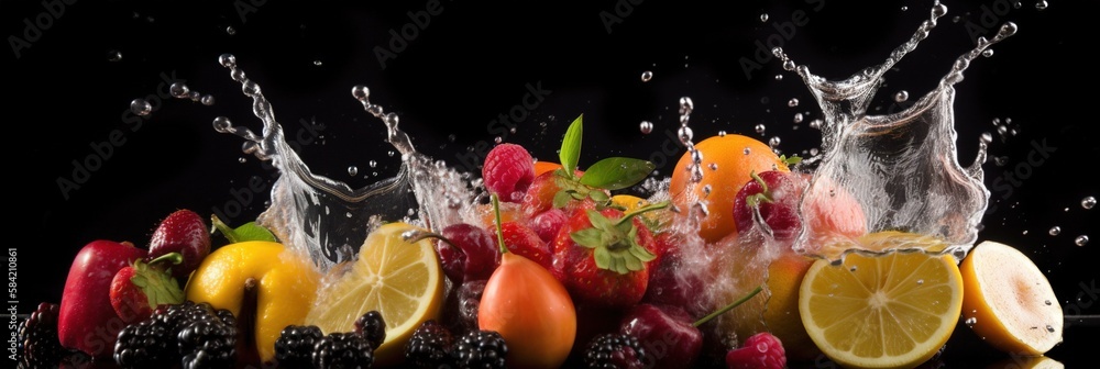 Wide banner background with fruits and splashes of water. Isolated food ...
