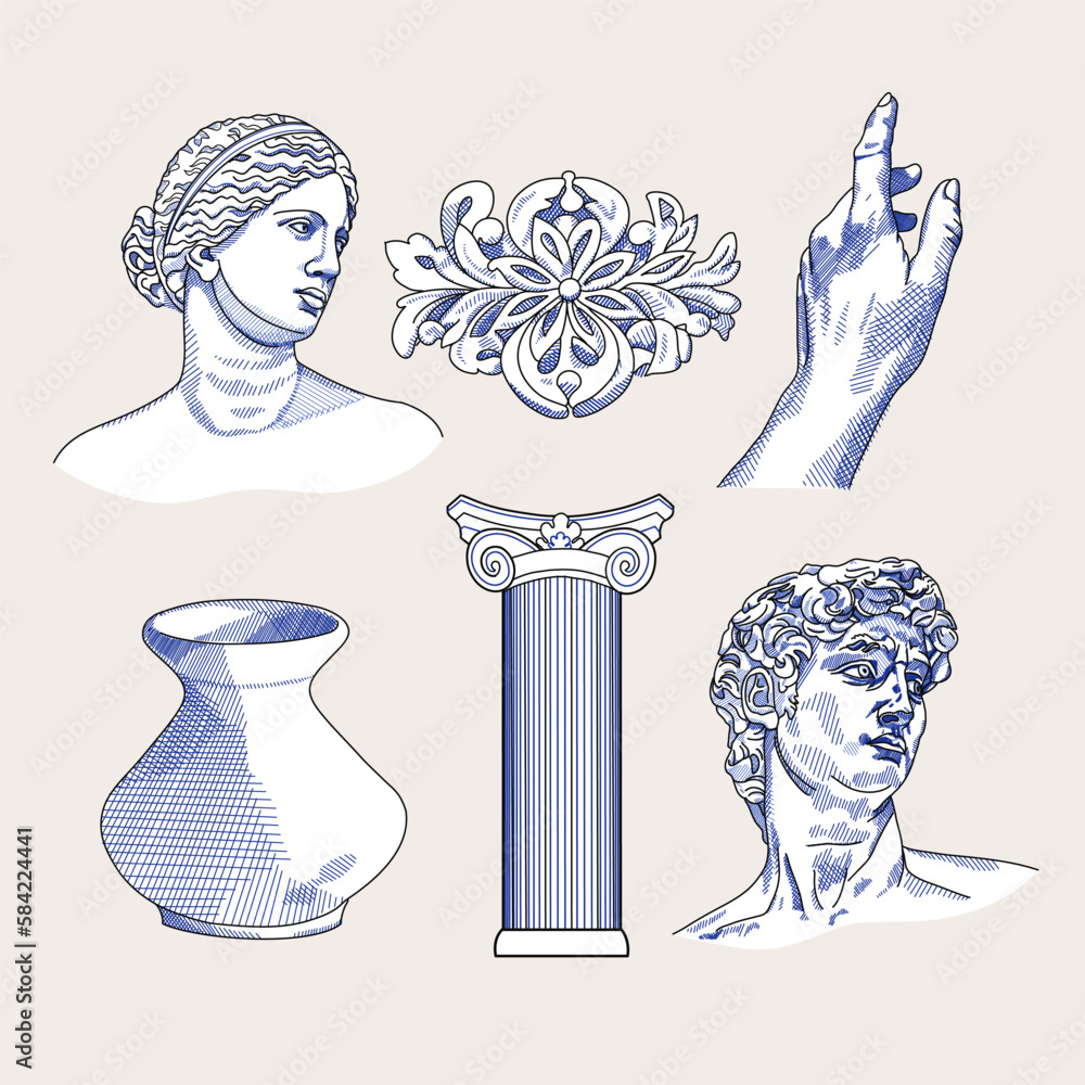 Antique statues, bust, pillar, amphora, column. Different objects ...