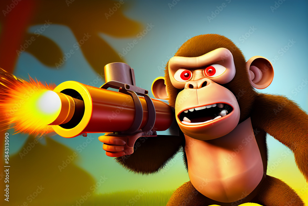 Ilustracja bez tantiem: Monkey with bazooka a shots. Bazooka in hands ...