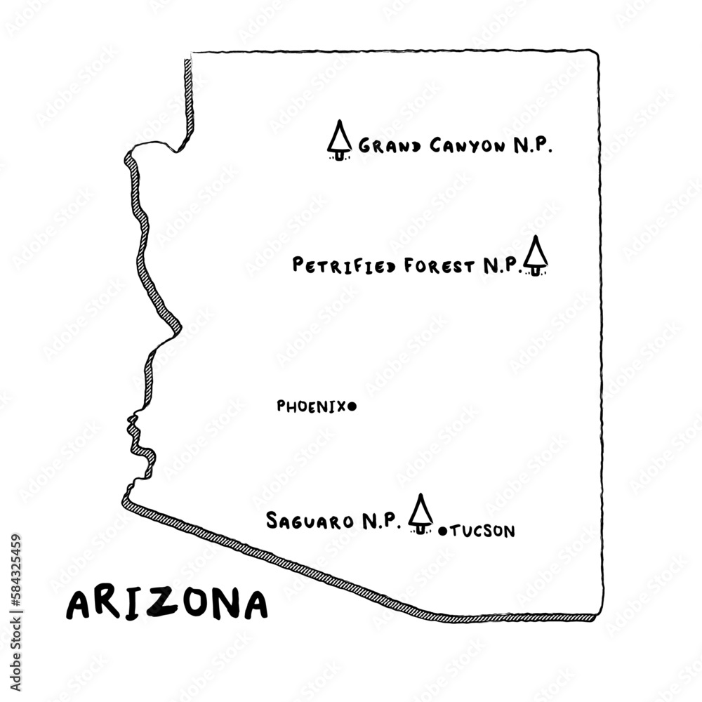 Vector hand drawn map of Arizona AZ with main cities and US National ...