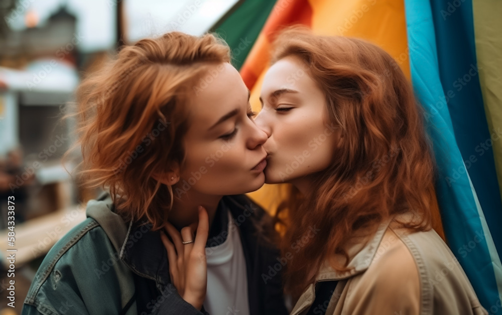 Young Lesbian couple sharing a kiss, holding a LGBT rainbow flag. Concept of LGBT love. Shallow ...