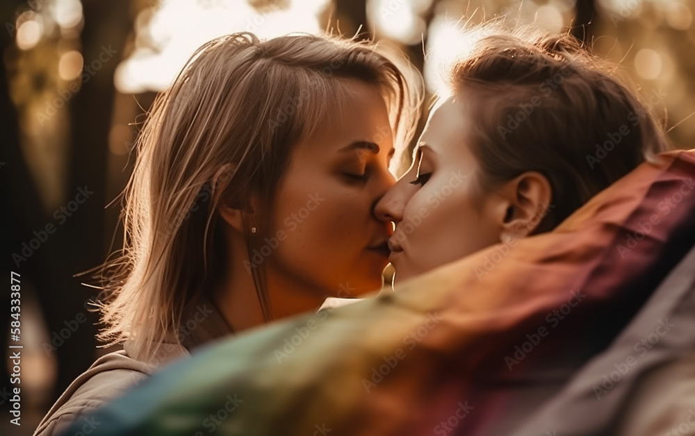 Beautiful young Lesbian couple sharing a kiss, holding a LGBT rainbow flag. Concept of LGBT love ...