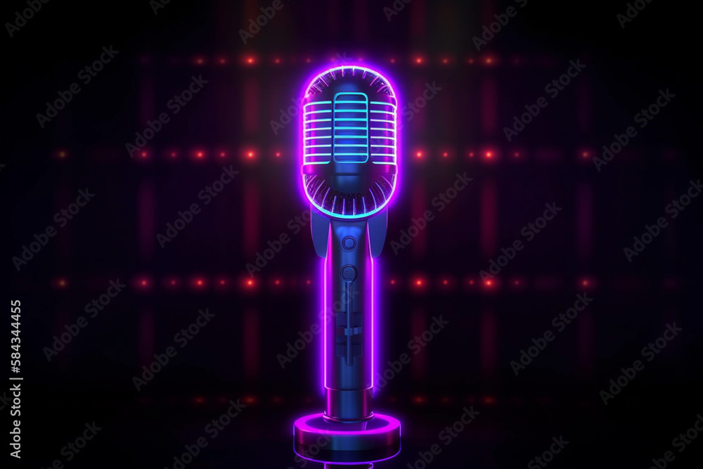 Neon microphone and glowing border frame. Template for karaoke, live ...