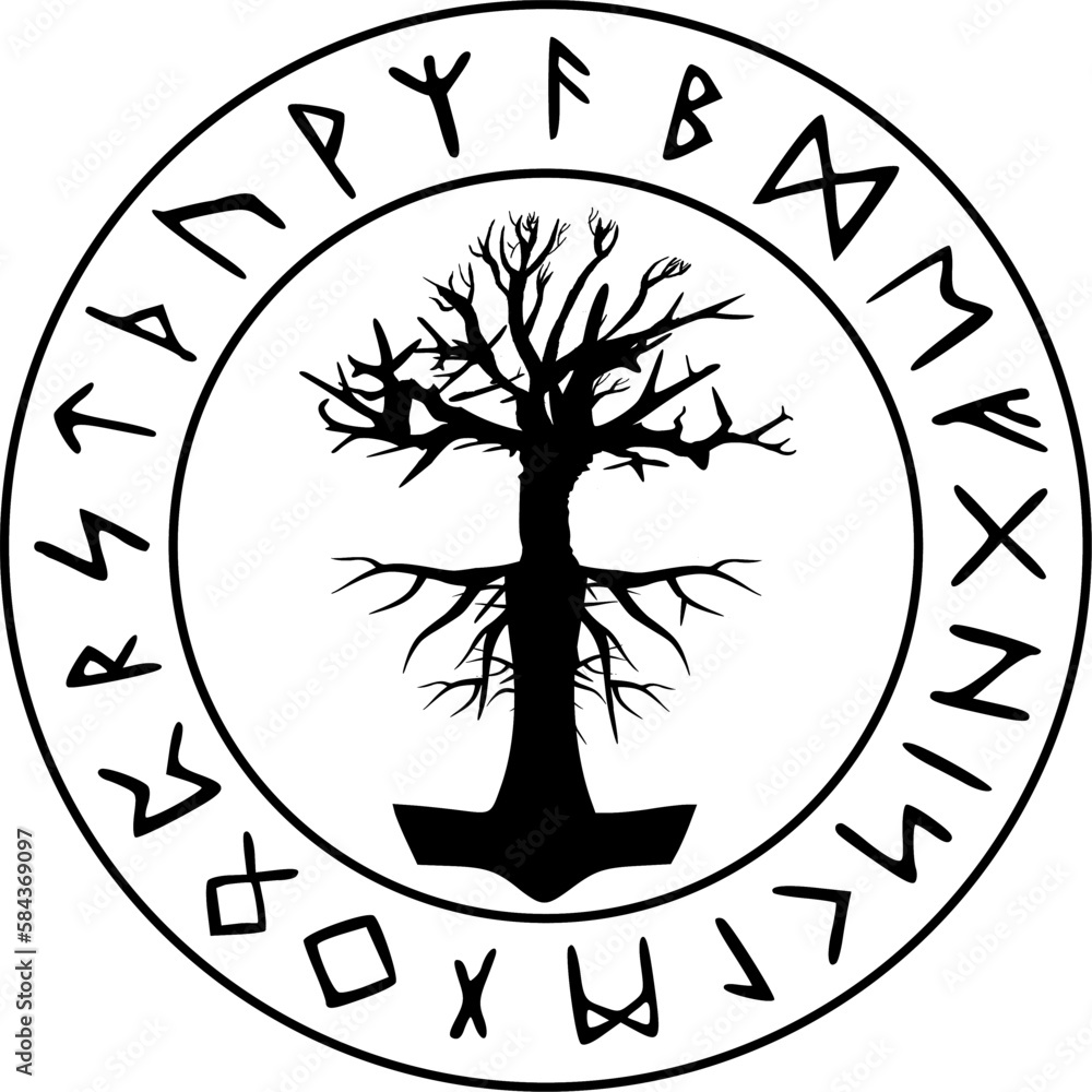 Wikinger Symbole: Runenkreis mit Weltenbaum Yggdrasil und Thors Hammer ...