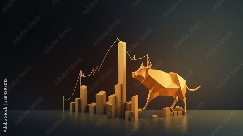 Stock market chart with rise and fall and the golden bull symbol of the ...
