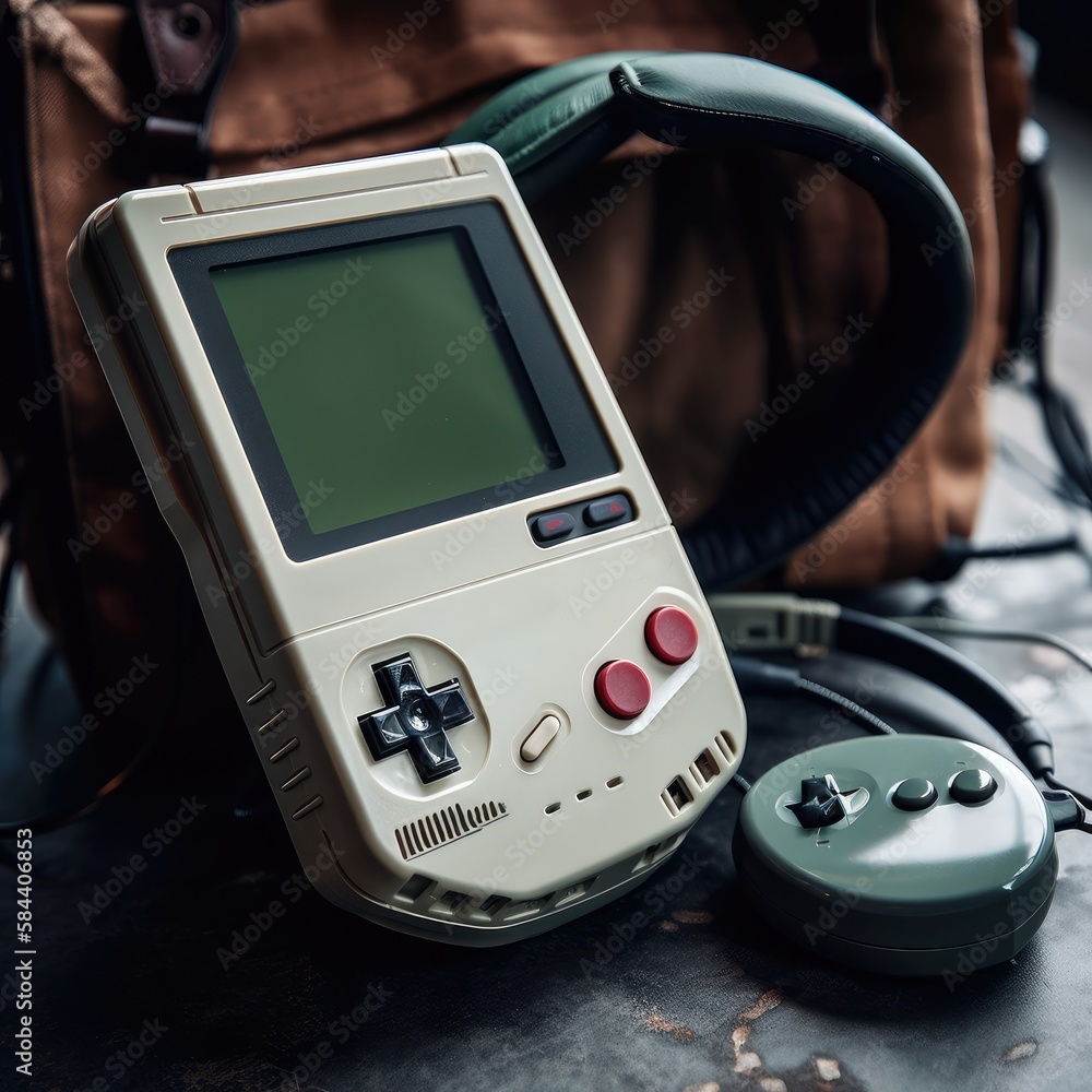 Realistic of handheld vintage console that brings back the nostalgia of old games, red buttons ...