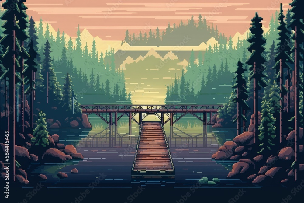 Ilustración de Stock 2D game landscape, bridge, lake, pine forest, 16 ...