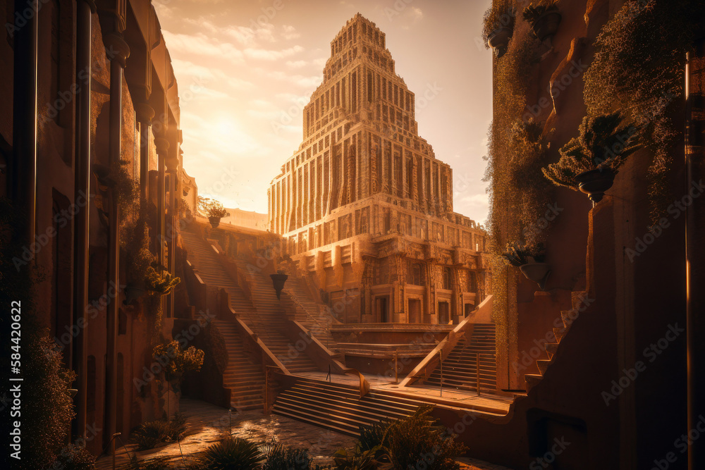 Ancient city of Babylon with the tower of Babel, bible and religion. AI ...