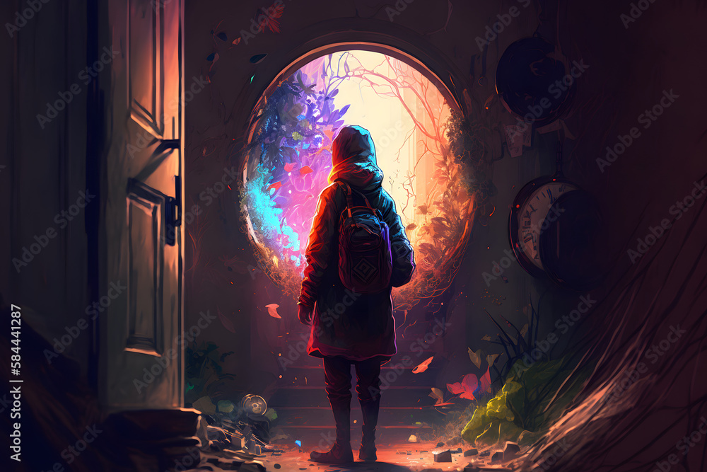 Magical illustration of a human escaping from reality and standing in ...