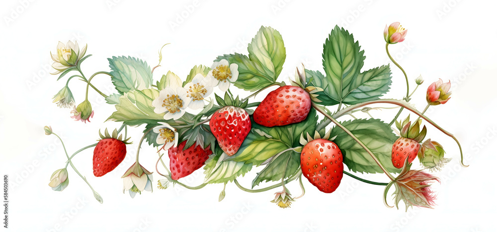 Hand drawn illustration of strawberry with branches, strawberry vines ...