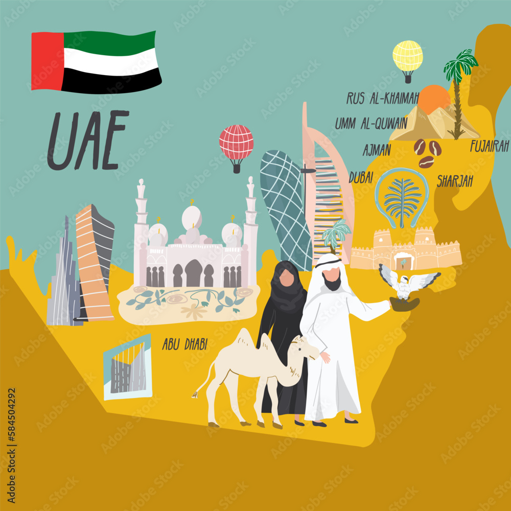 Vector de Stock UAE conceptual cartoon map with people, man and woman ...
