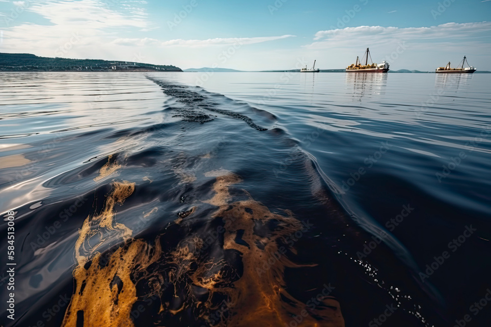 Oil leak from Ship , Oil spill pollution polluted water surface water ...