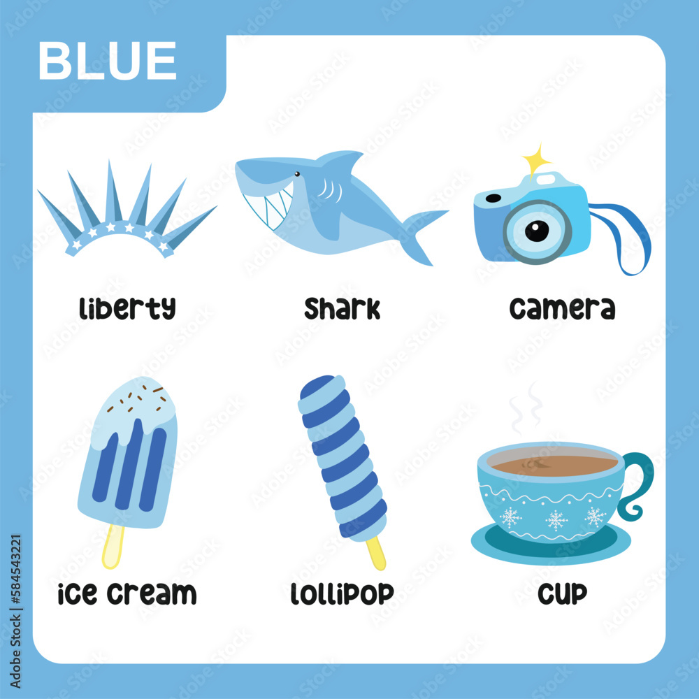 Set Of Blue Color Objects Primary Colours Flashcard With Blue Elements Learning Colors For